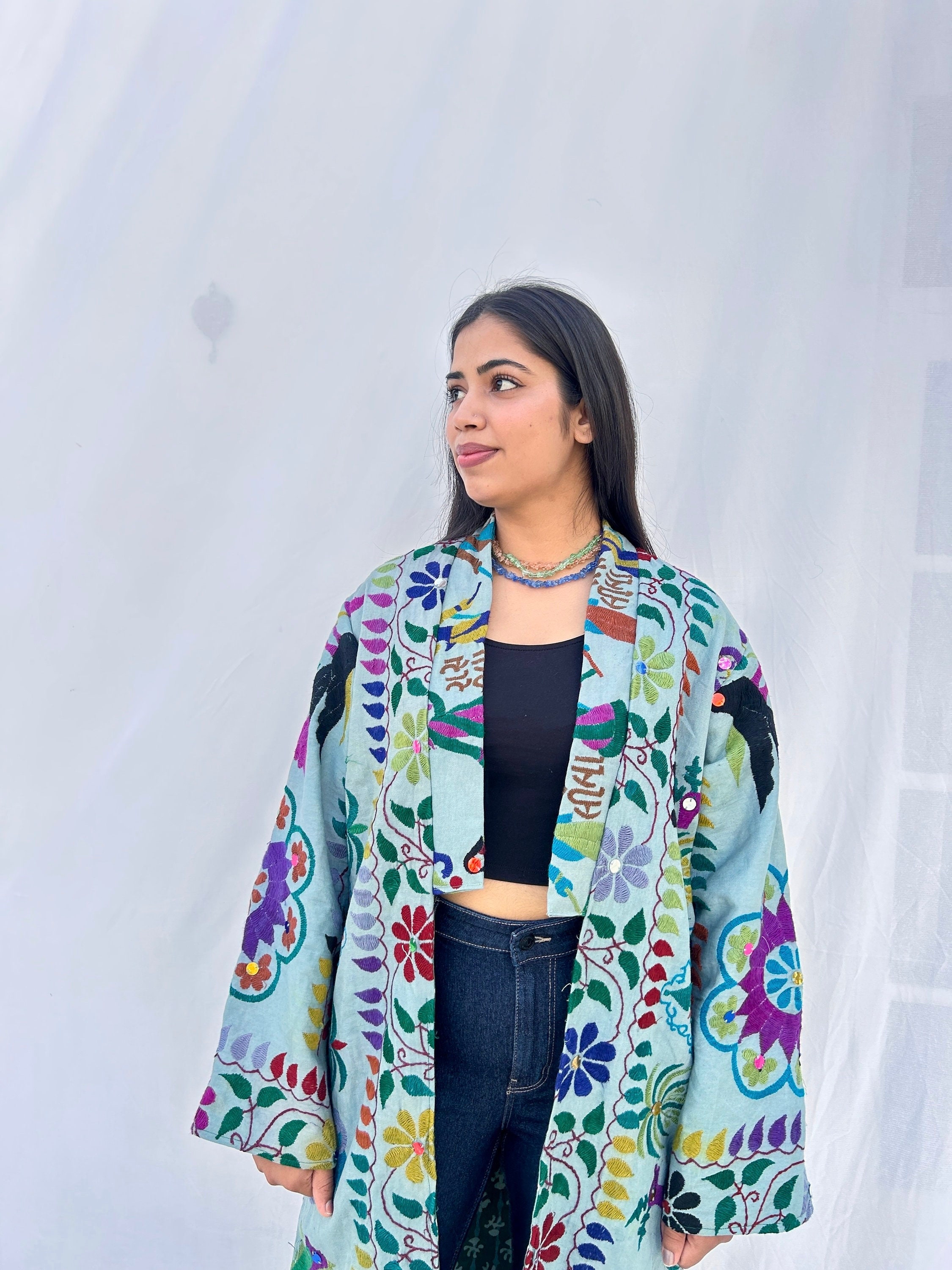 Floral Cotton Unisex Duster, Blue Dyed Outerwear, Vintage Antique ...