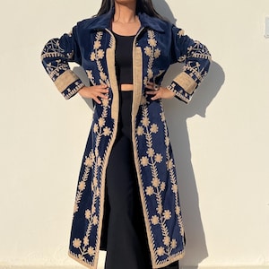 Goddess Navy Blue Longline Velvet Dress Coat for Women , Embroidered ...