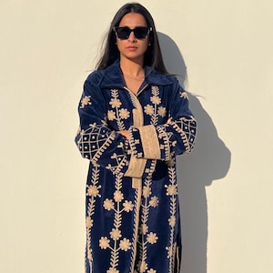 Goddess Navy Blue Longline Velvet Dress Coat for Women , Embroidered ...