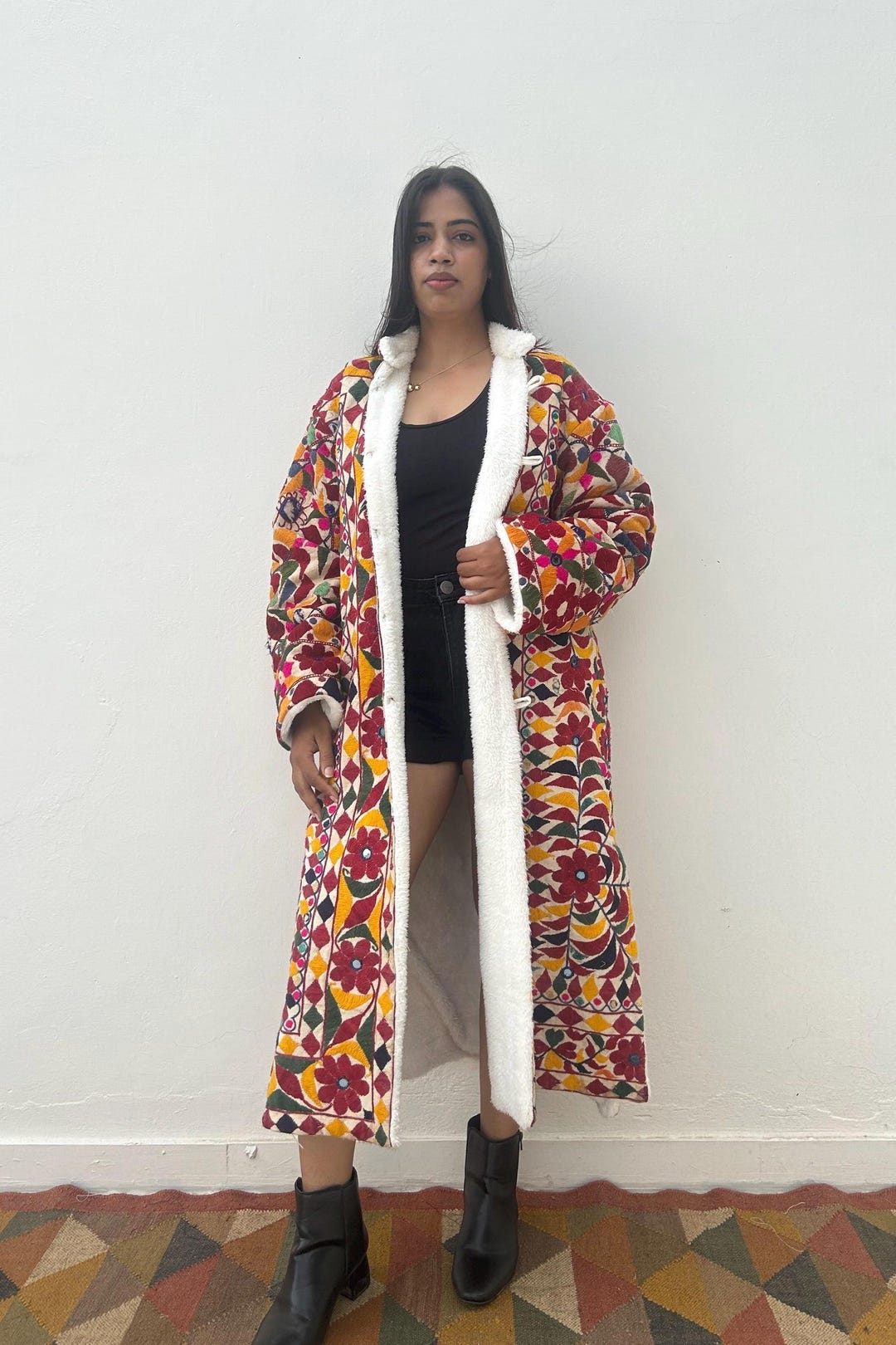Unisex Quilt Multicolored Floral Embroidered Duster Coat With Sherpa ...