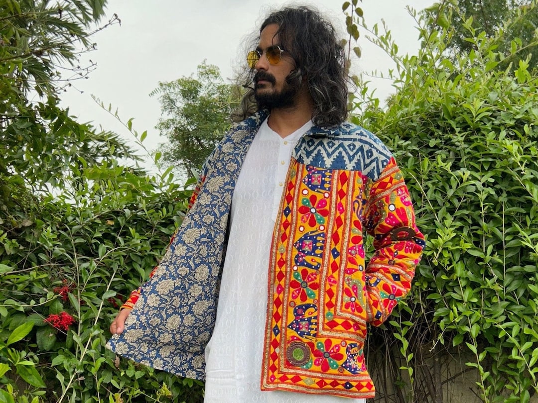 Colourful Jacket Indigo Quilted for Men, Multicolored Festival Boho ...