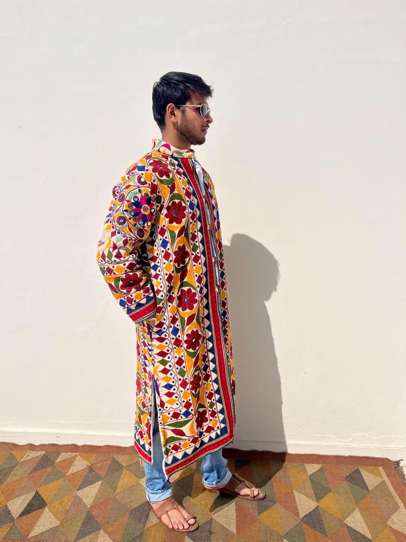 Unisex Quilt Multicolored Floral Embroidered Duster Coat With Sherpa ...