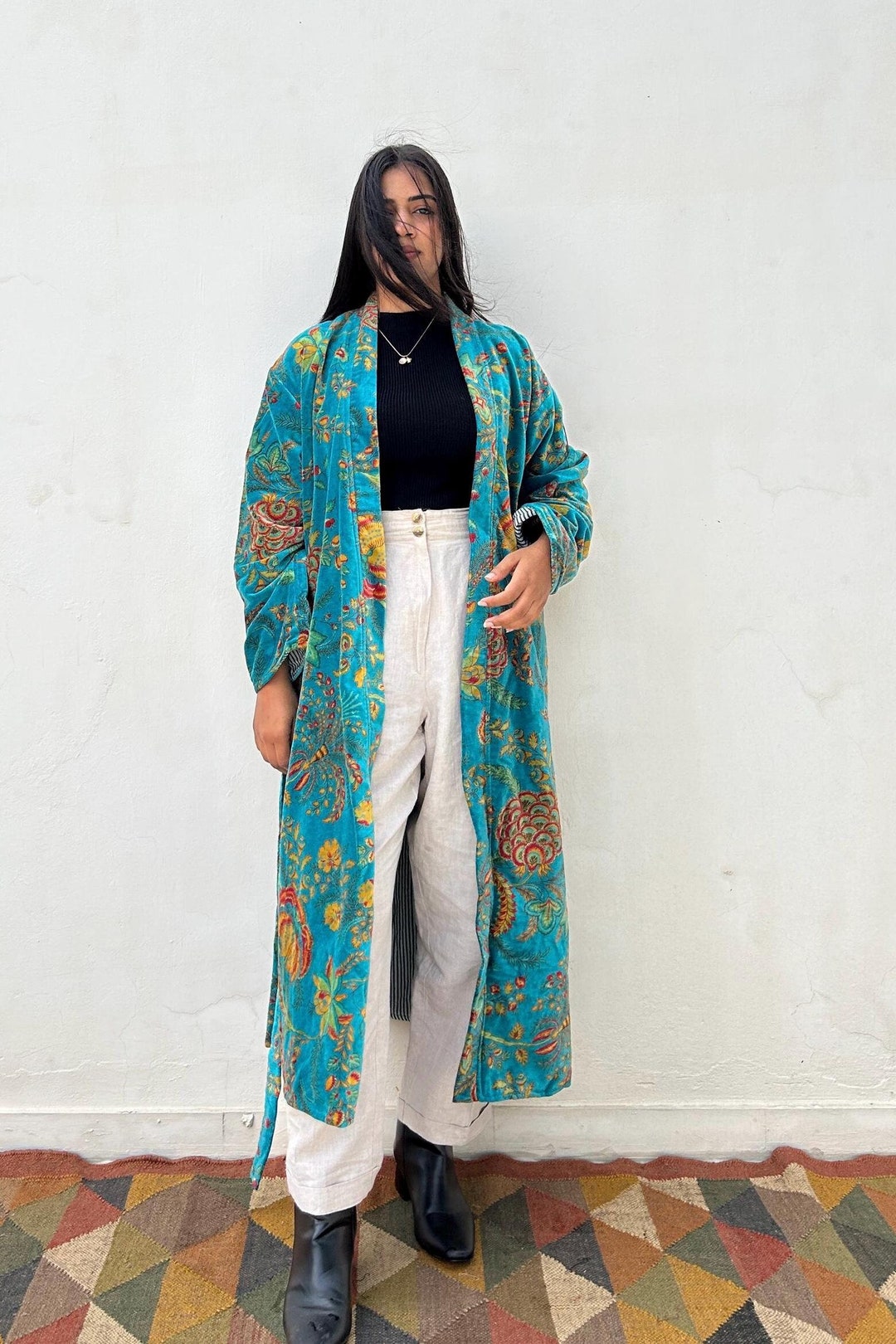 Turquoise Blue Velvet Robe Coat for Men & Women , Embroidered Boho Chic ...