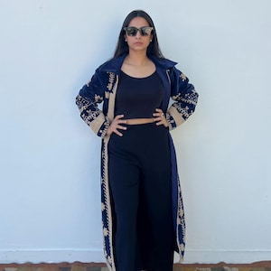 Goddess Navy Blue Longline Velvet Dress Coat for Women , Embroidered ...