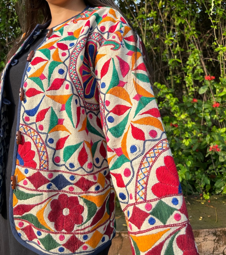 Embroidered Multicolored Jacket for Women, Handmade Round Neck Open ...