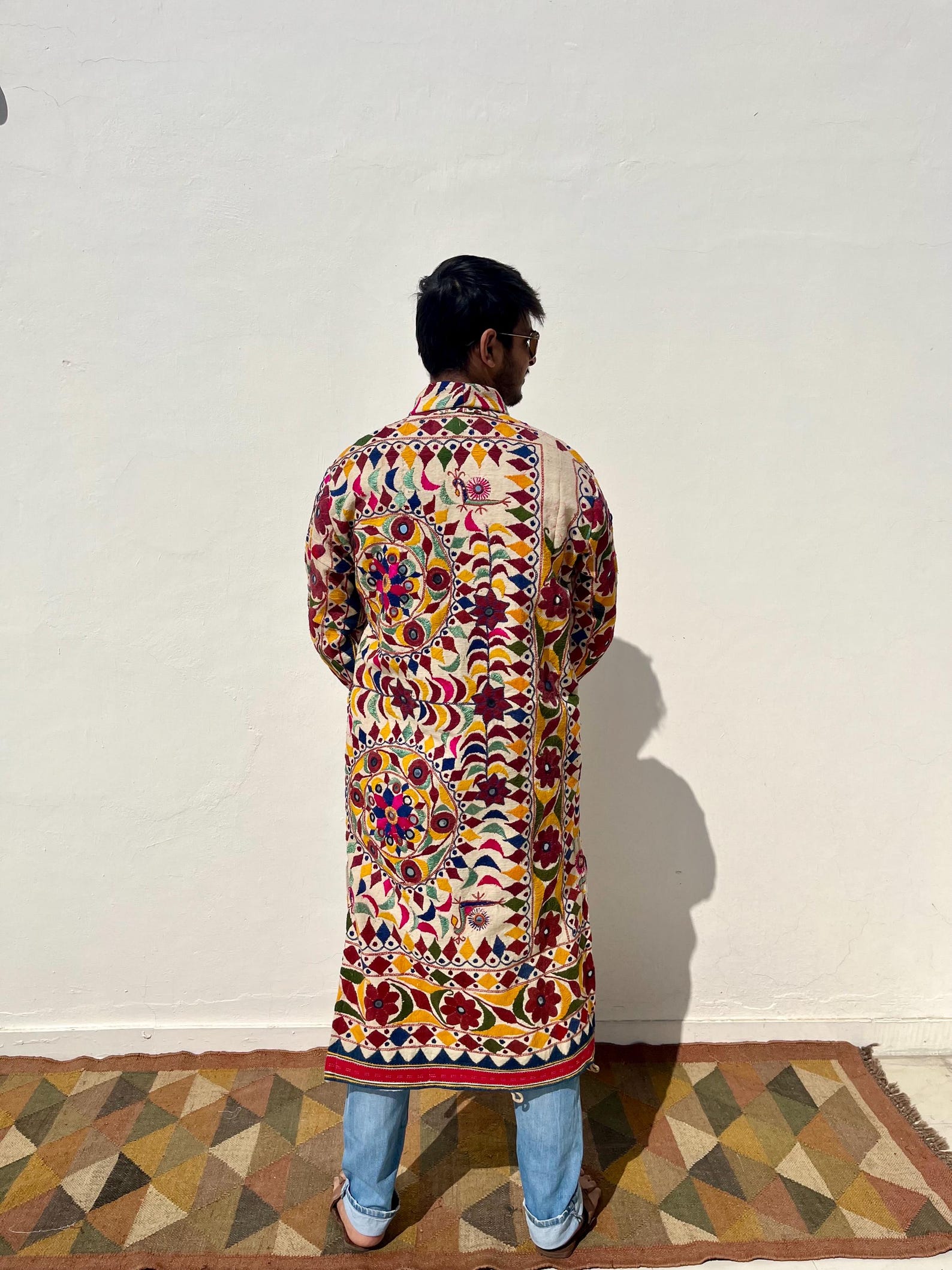 Unisex Quilt Multicolored Floral Embroidered Duster Coat With Sherpa ...
