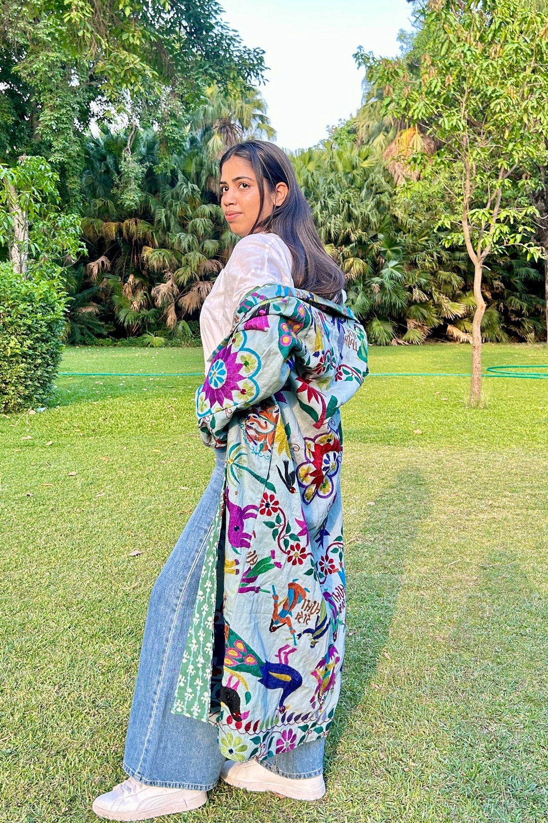Floral Cotton Unisex Duster, Blue Dyed Outerwear, Vintage Antique ...