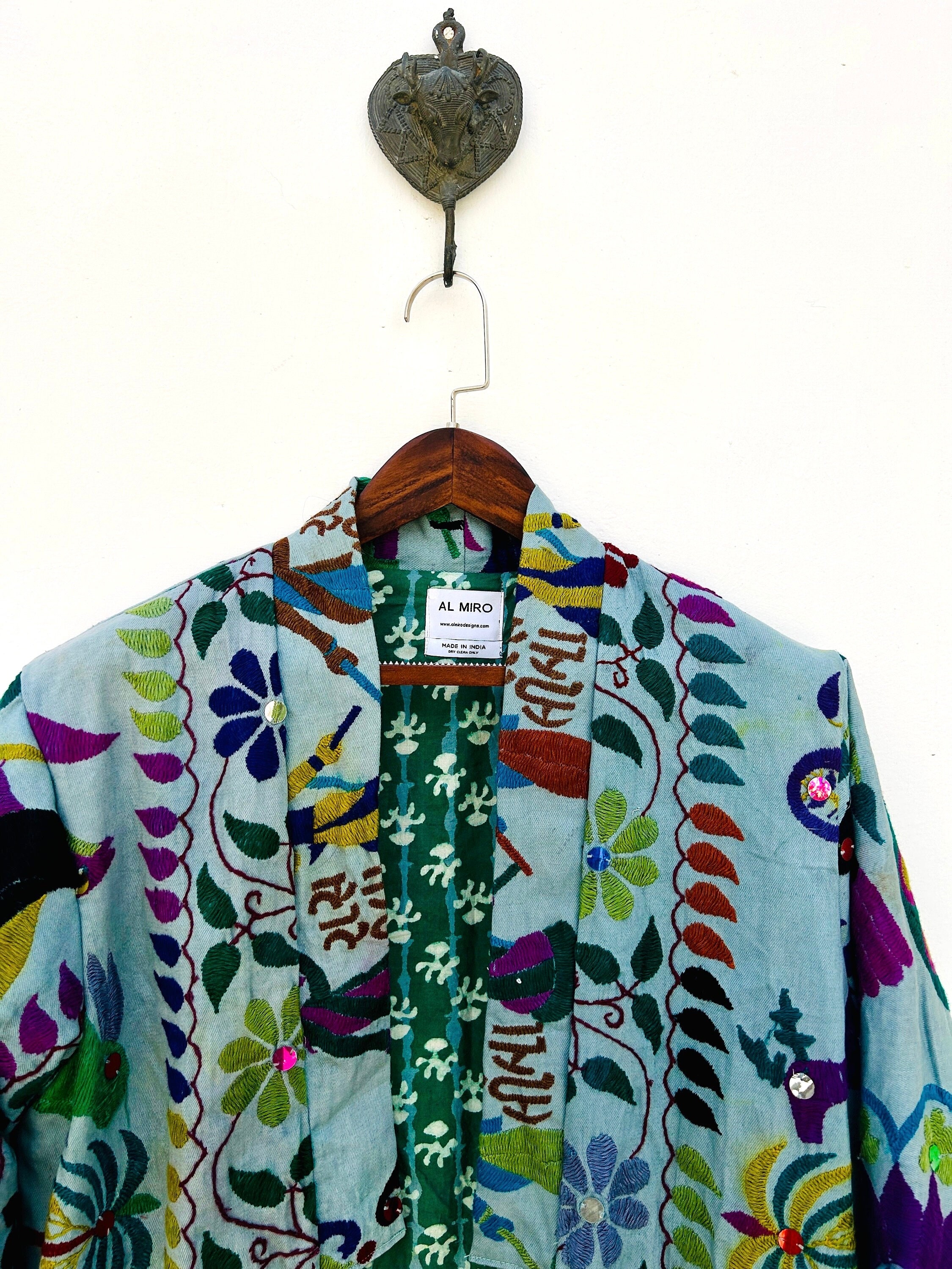 Floral Cotton Unisex Duster, Blue Dyed Outerwear, Vintage Antique ...