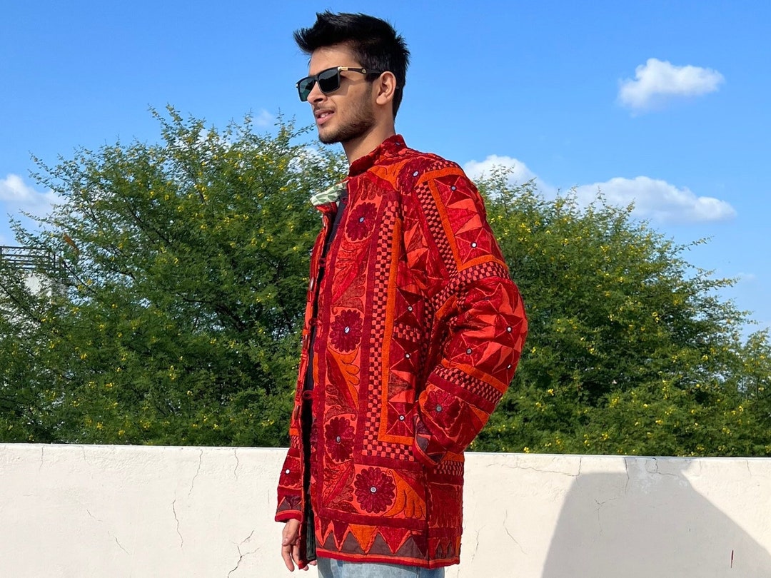 Quilted Embroidered Red Jacket for Men / Maximalist Dress Party Jacket ...
