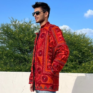 Quilted Embroidered Red Jacket for Men / Maximalist Dress Party Jacket ...