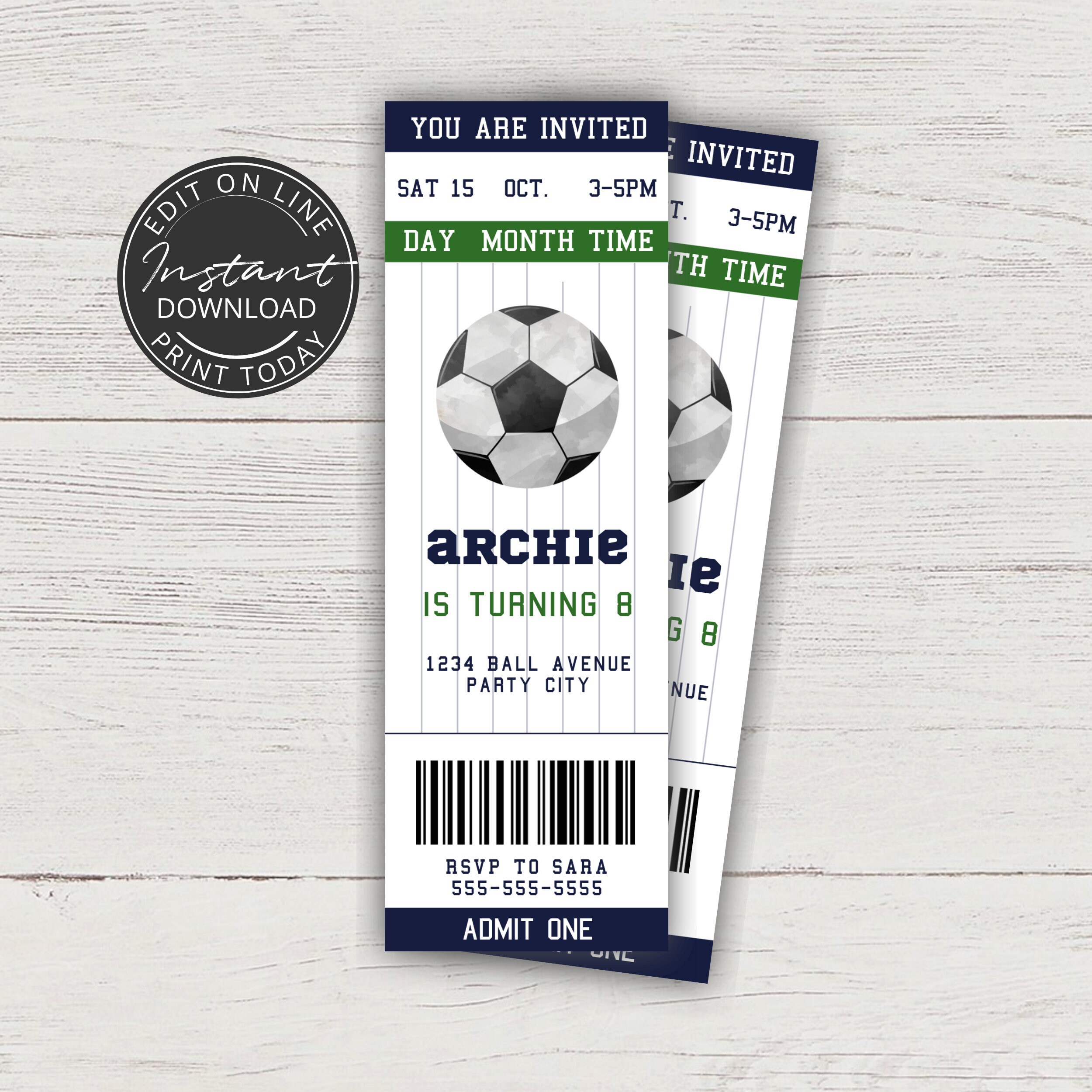 Soccer Invitations INSTANT DOWNLOAD | Soccer Birthday Invite | Ticket ...