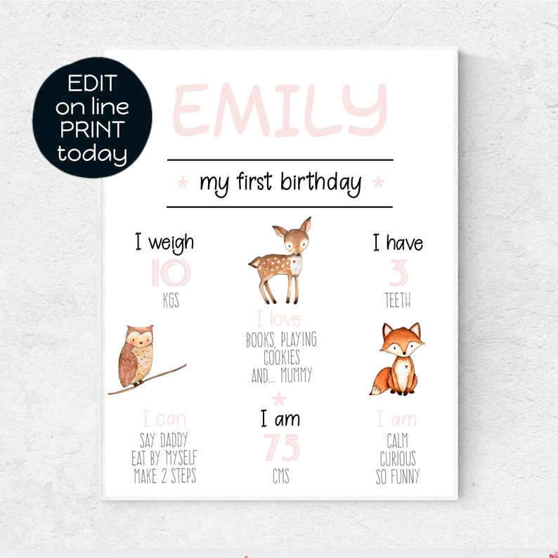 Woodland Birthday Decoration, First Birthday Poster Instant Download ...