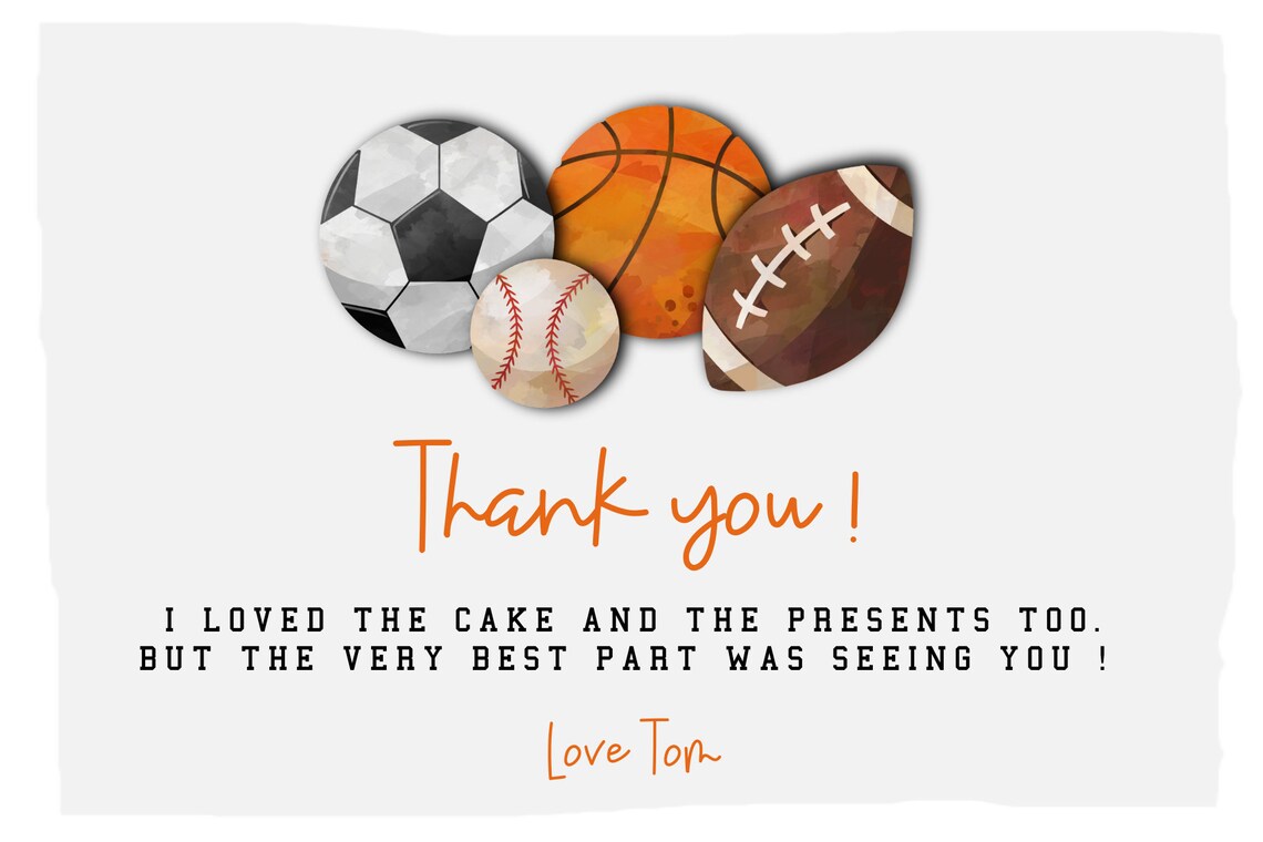 Sports Birthday Thank You Card INSTANT DOWNLOAD Editable Printable Card ...
