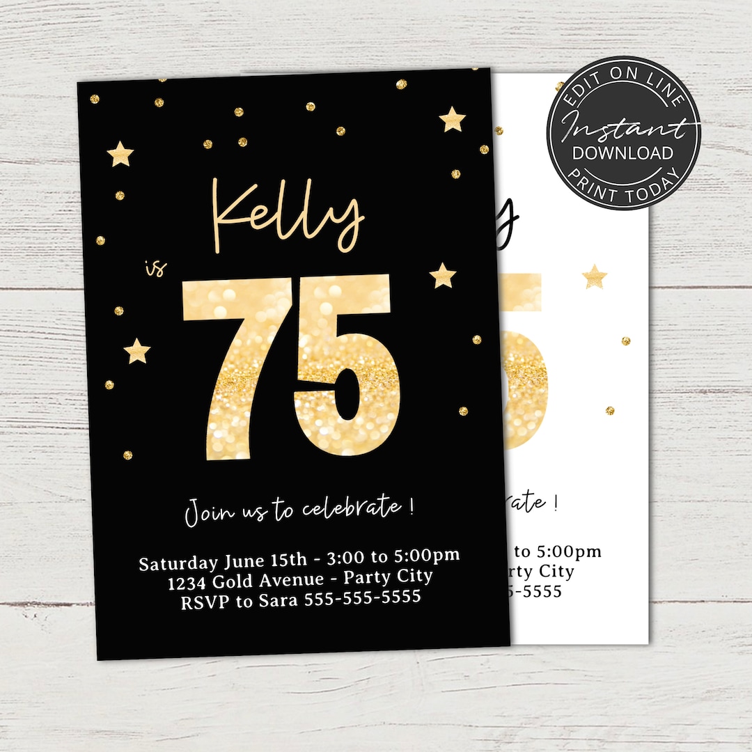 75th Birthday Invitation INSTANT DOWNLOAD Glitter Birthday Invitation ...