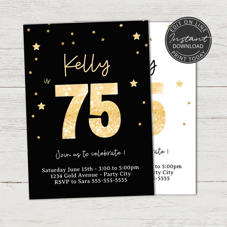 75th Birthday Invitation INSTANT DOWNLOAD Glitter Birthday Invitation ...