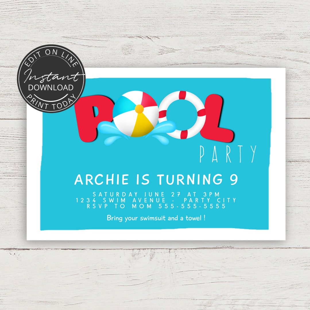 Pool Birthday Party Invitation INSTANT DOWNLOAD Swimming Birthday Pool ...