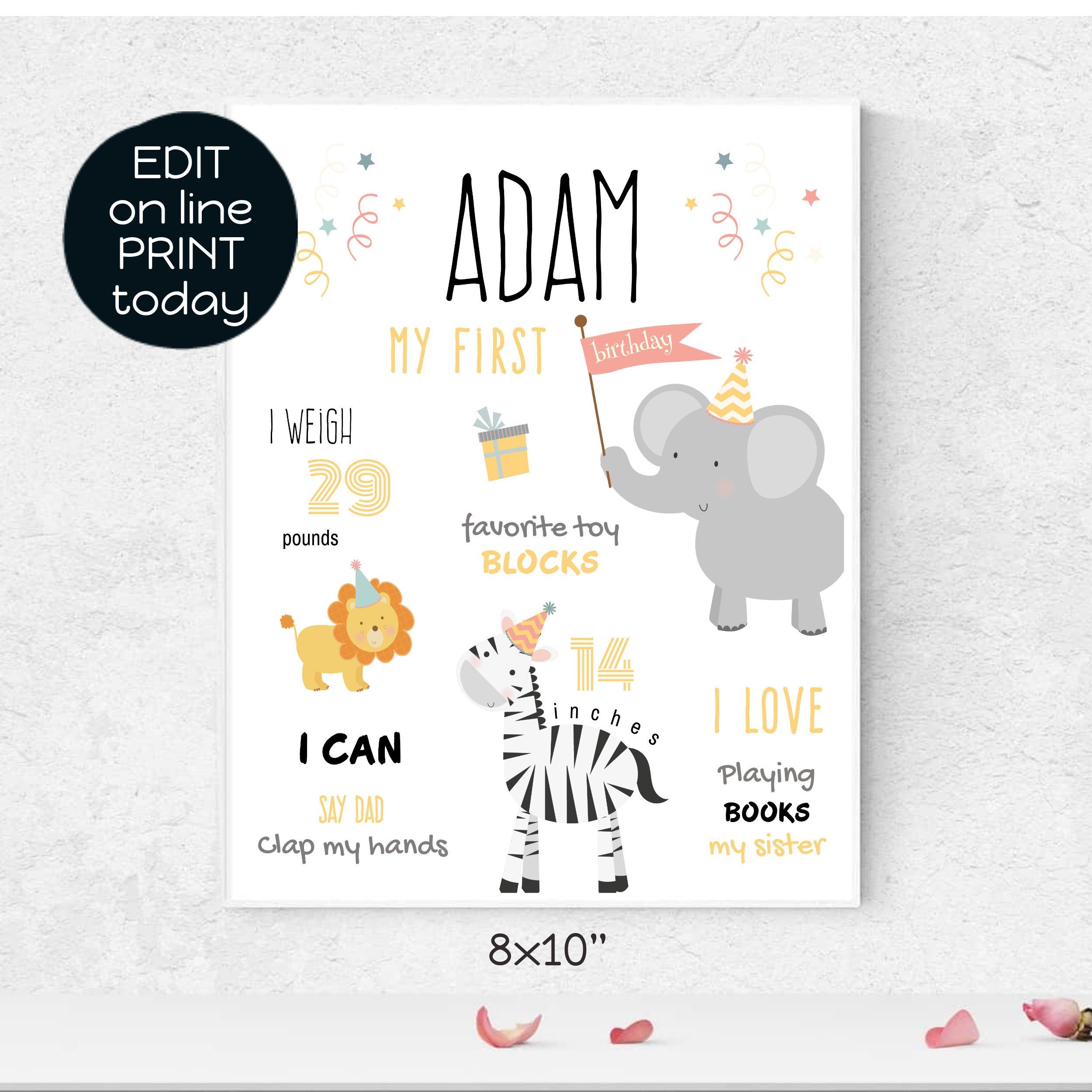 First Birthday Board Birthday Sign Printable Poster Jungle Birthday ...