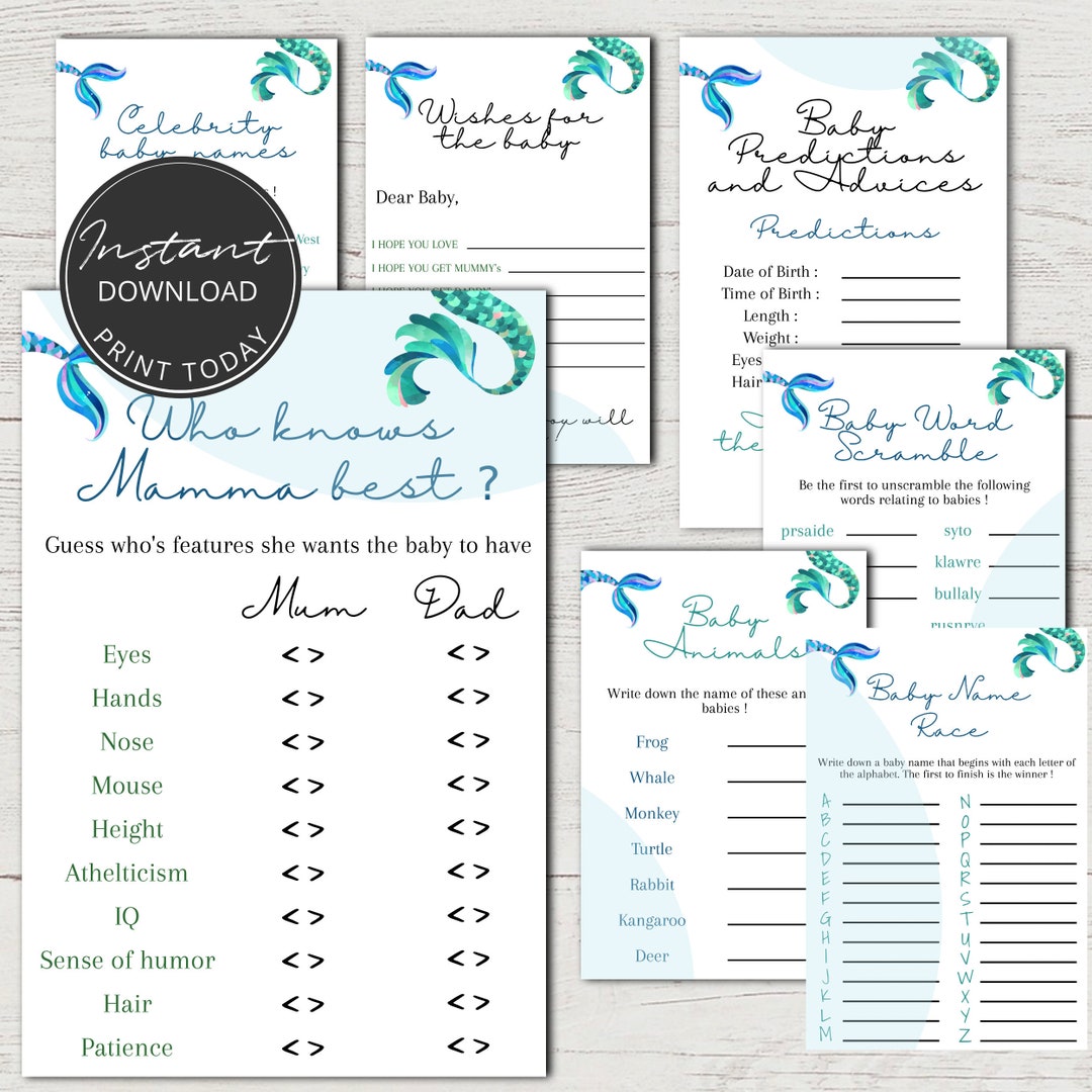 Printable Baby Shower Games Bundle | Mermaid Baby Shower Games ...