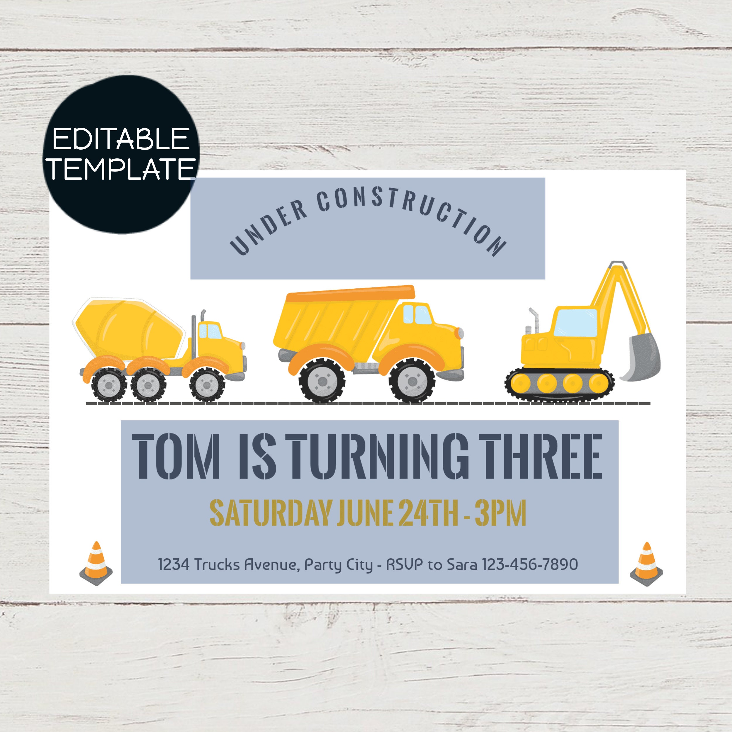 Construction Birthday Invitation Editable Party Invitations Template ...