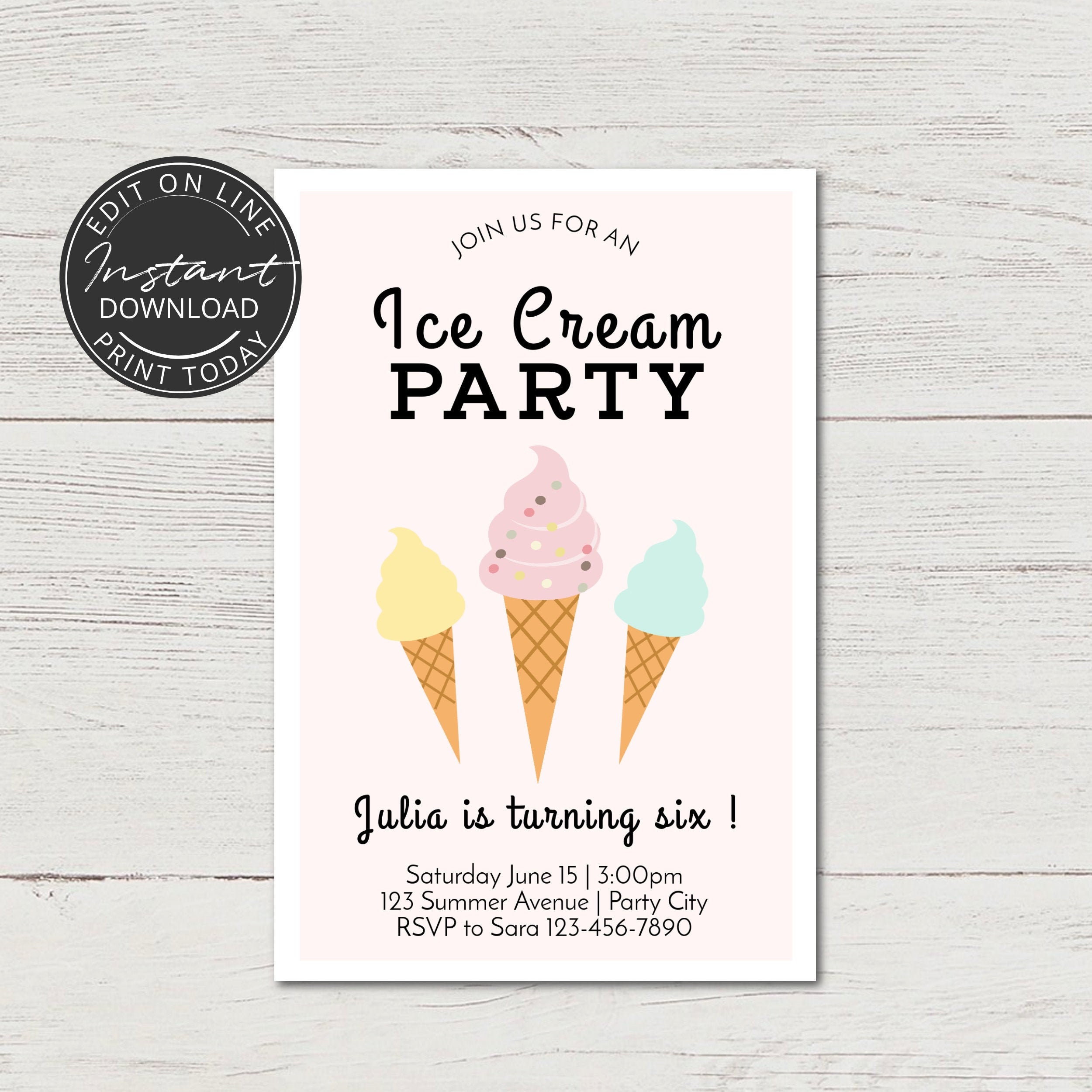 Paper Paper & Party Supplies Printable PDF Invitation Ice Cream Parlor ...