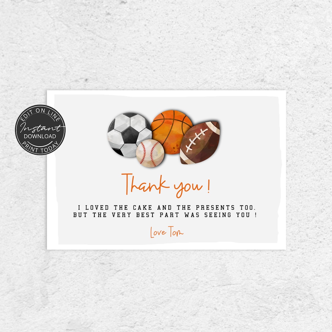 Sports Birthday Thank You Card | INSTANT DOWNLOAD | Editable Printable ...