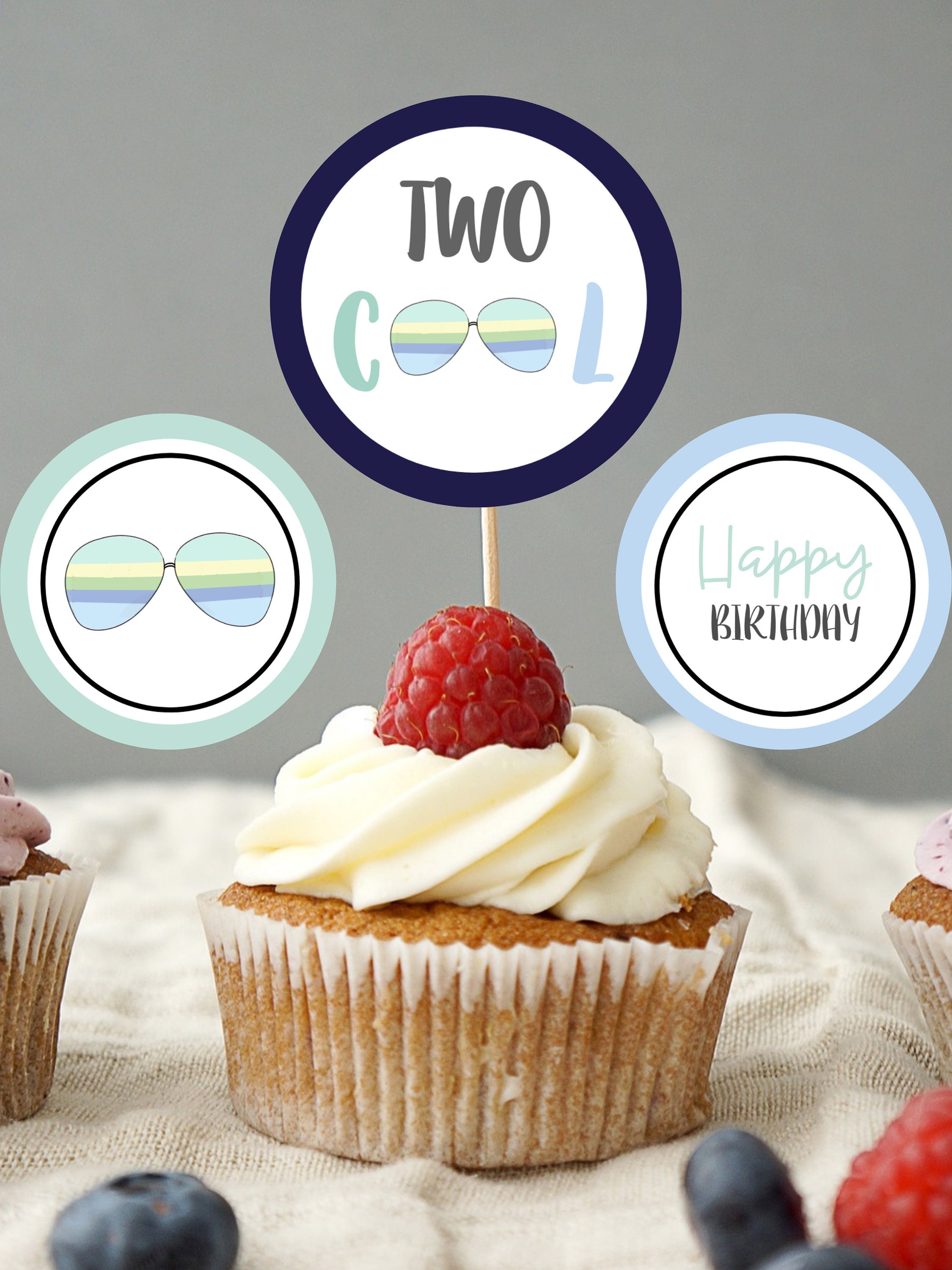 Two Cool Birthday Cupcake Toppers Two Cool Party Decorations Favor Tags ...