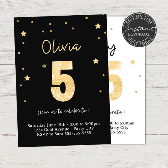 5th birthday party invitation INSTANT DOWNLOAD Girl Glitter | Etsy