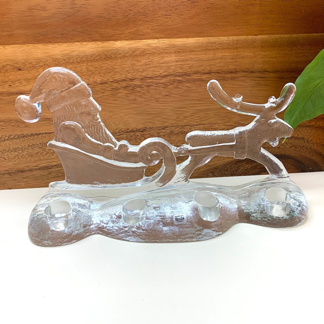 KOSTA BODA Crystal Glass 11" Santa Sleigh Four Candle Holder, Bertil ...