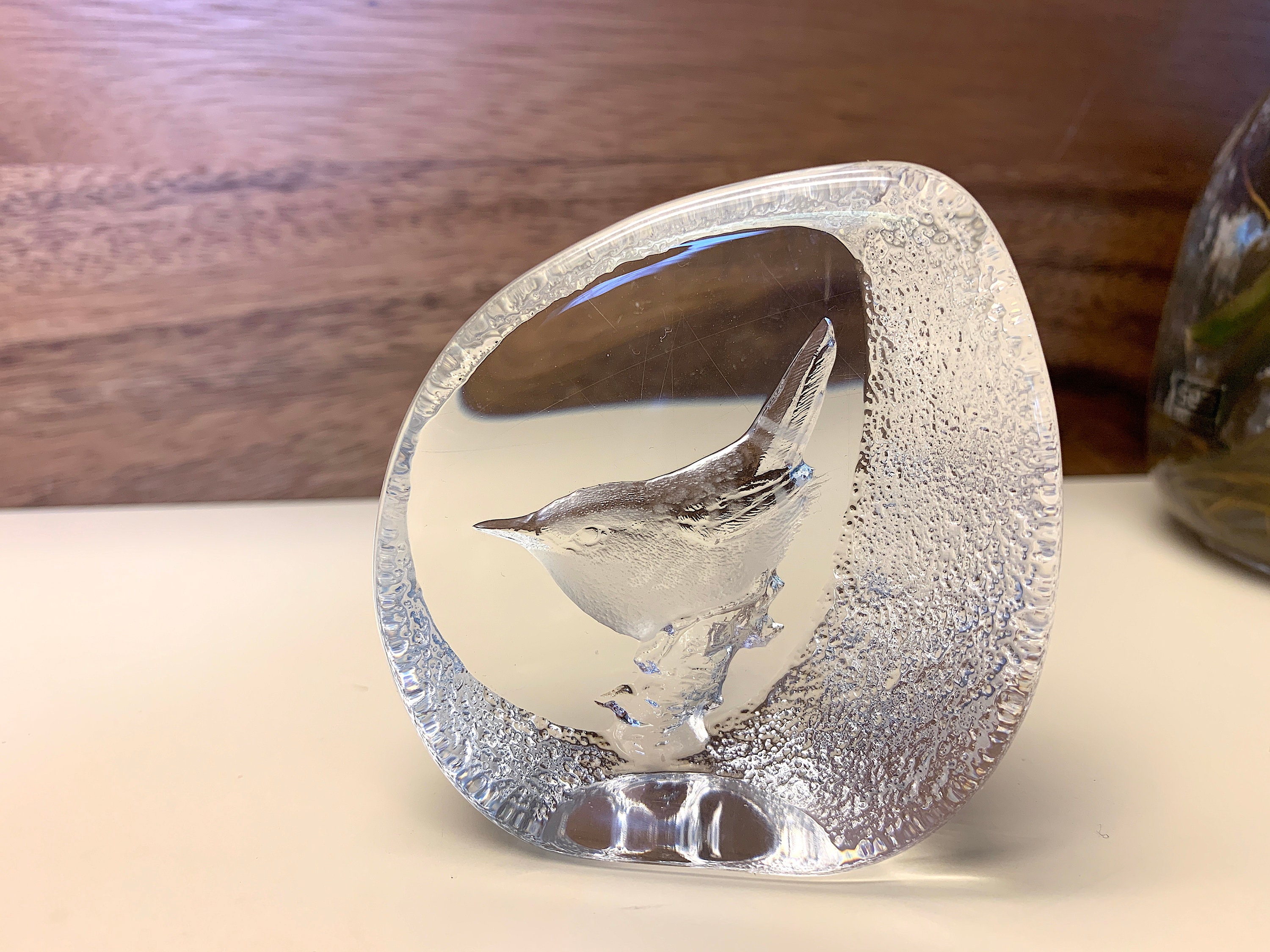 Vintage Mats Jonasson Signature Series Etched Bird Crystal Paperweight