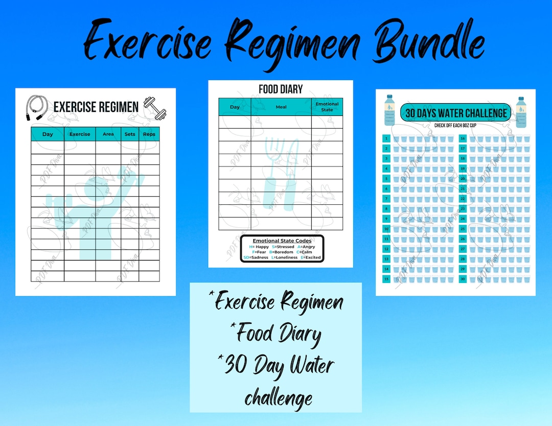 Exercise Regimen, Food Diary, Water Challenge Fillable Pdf Bundle - Etsy