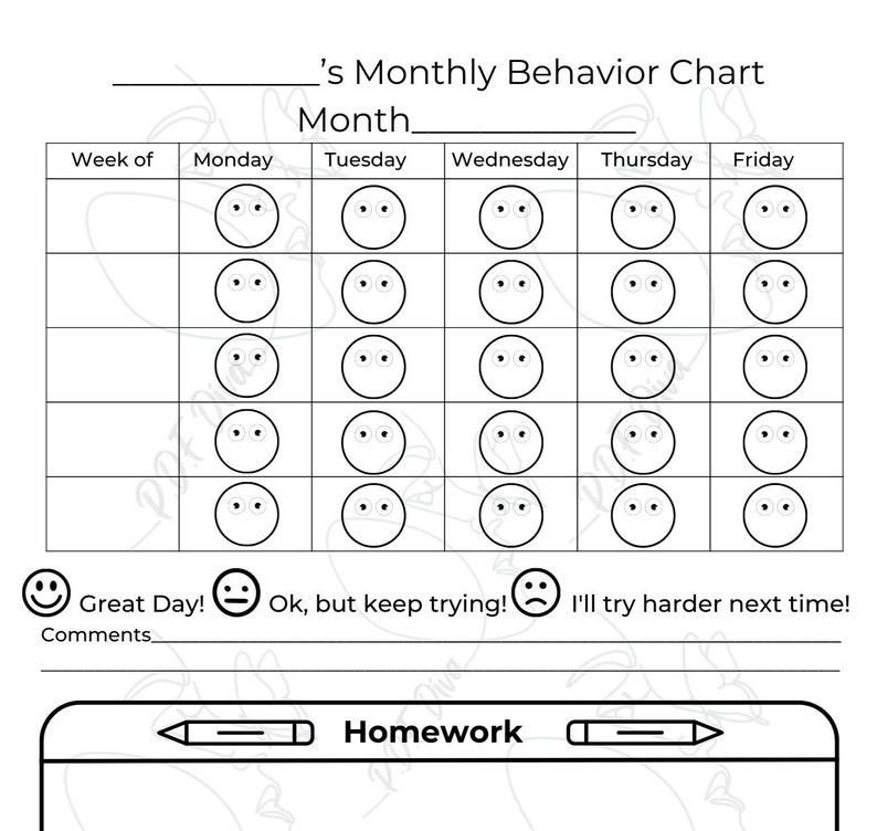 Monthly Behavior Chart W/homework Section - Etsy