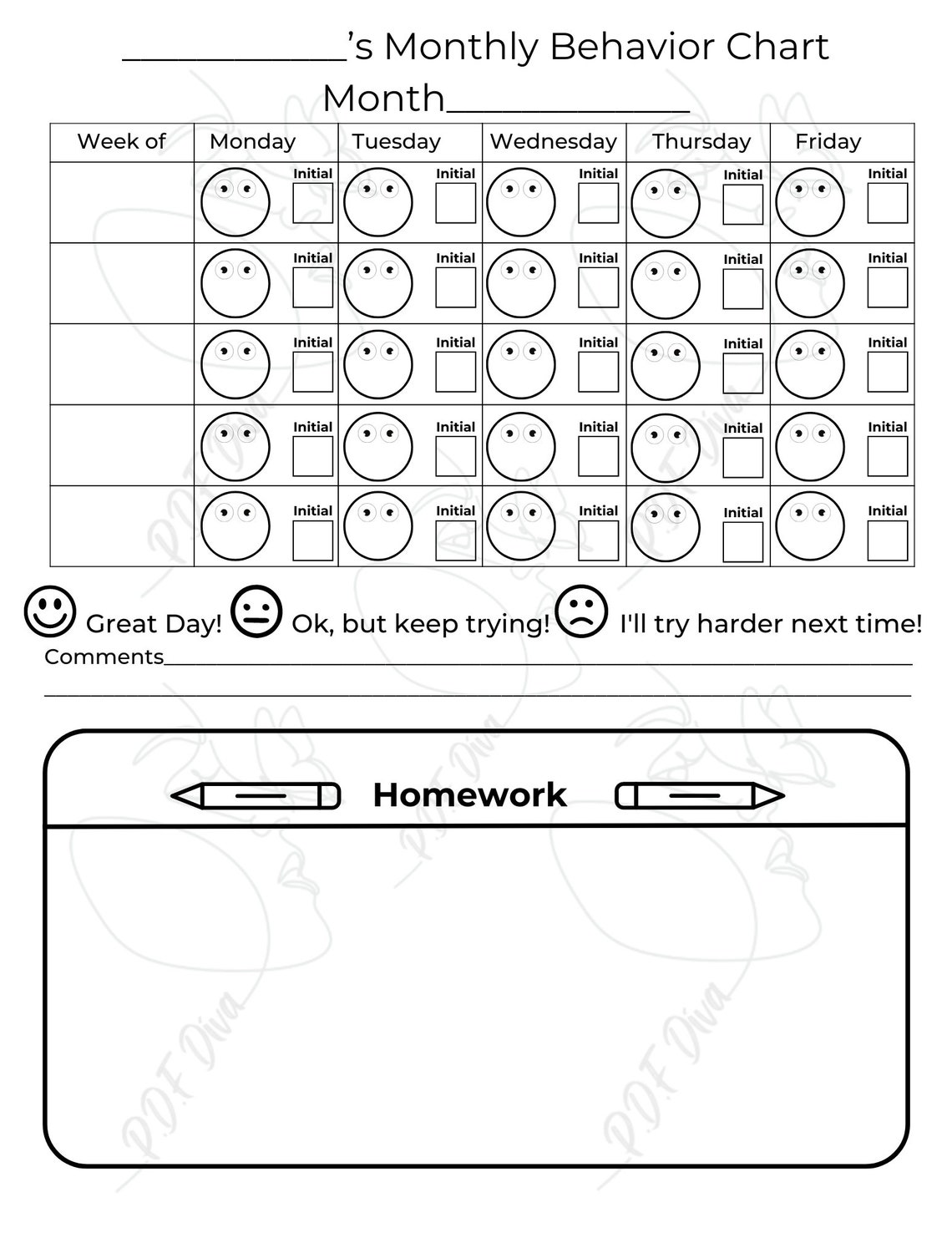 Monthly Behavior Chart With Daily Initials Box, Behavior Management ...