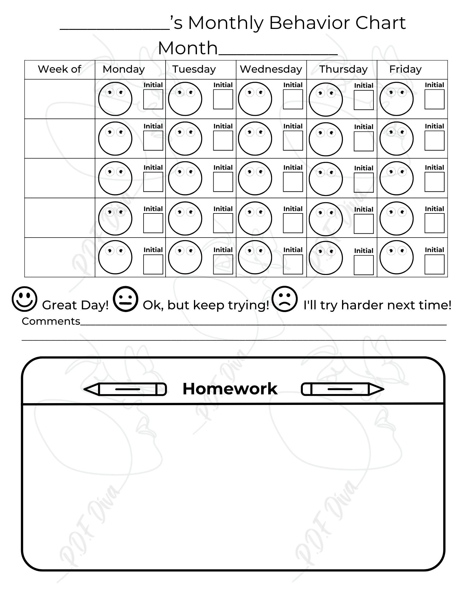 Monthly Behavior Chart With Daily Initials Box, Behavior Management ...