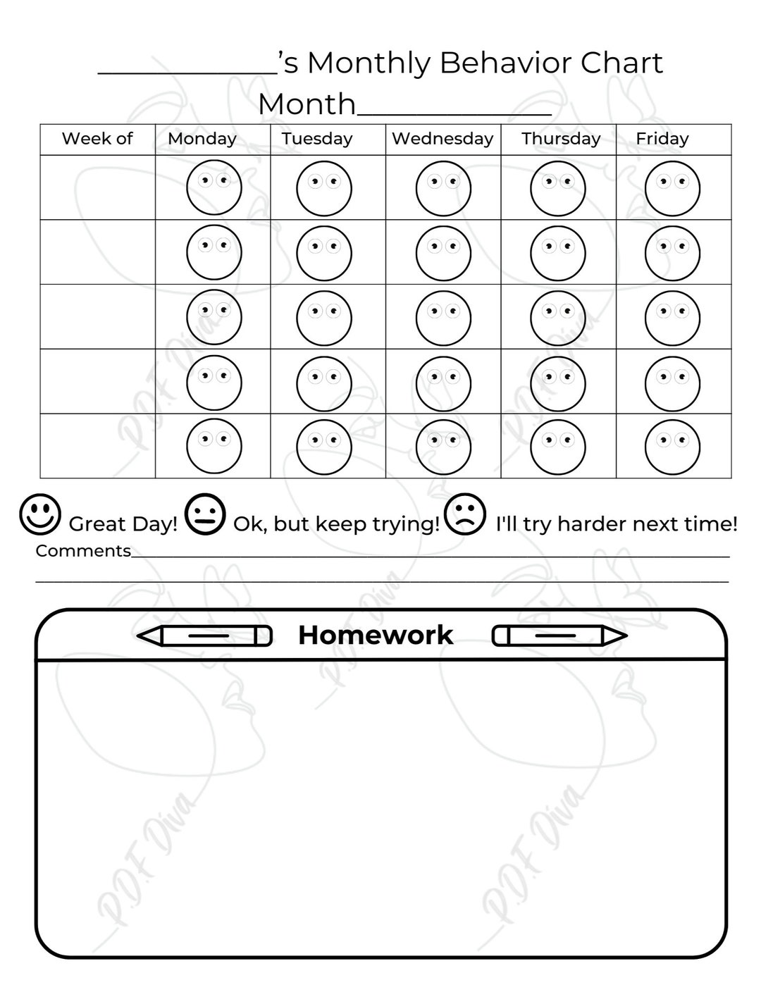 Monthly Behavior Chart W/homework Section - Etsy