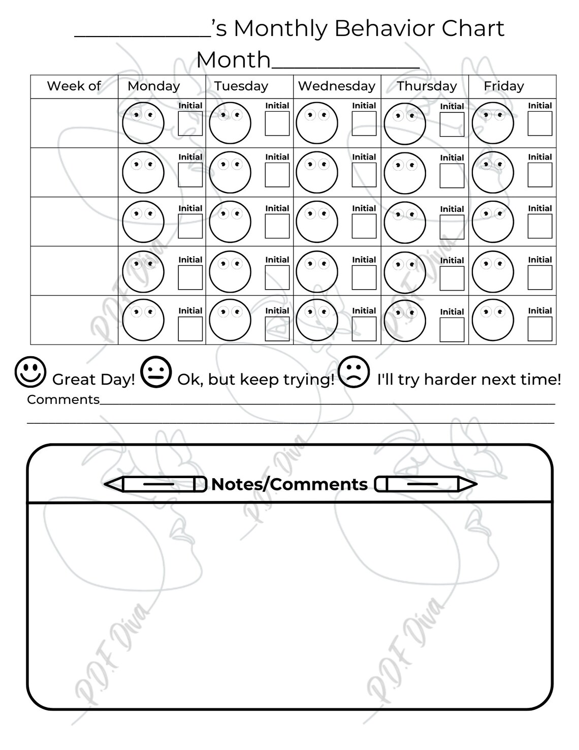 Monthly Behavior Chart With Daily Initials Box, Behavior Management ...
