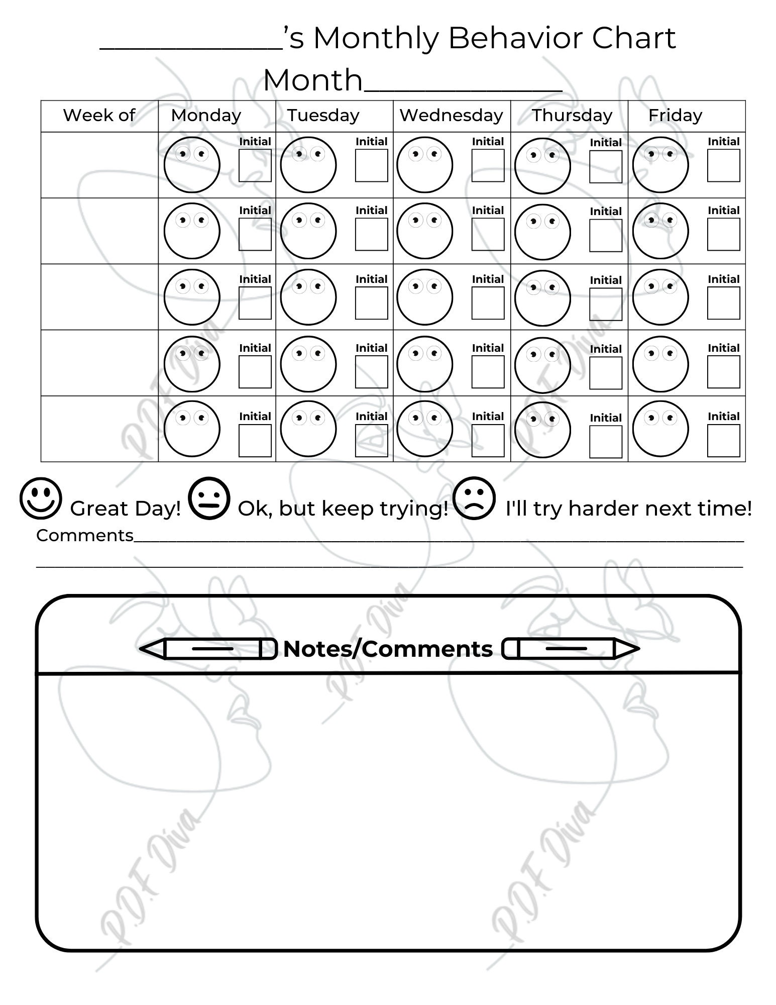 Monthly Behavior Chart With Daily Initials Box, Behavior Management ...