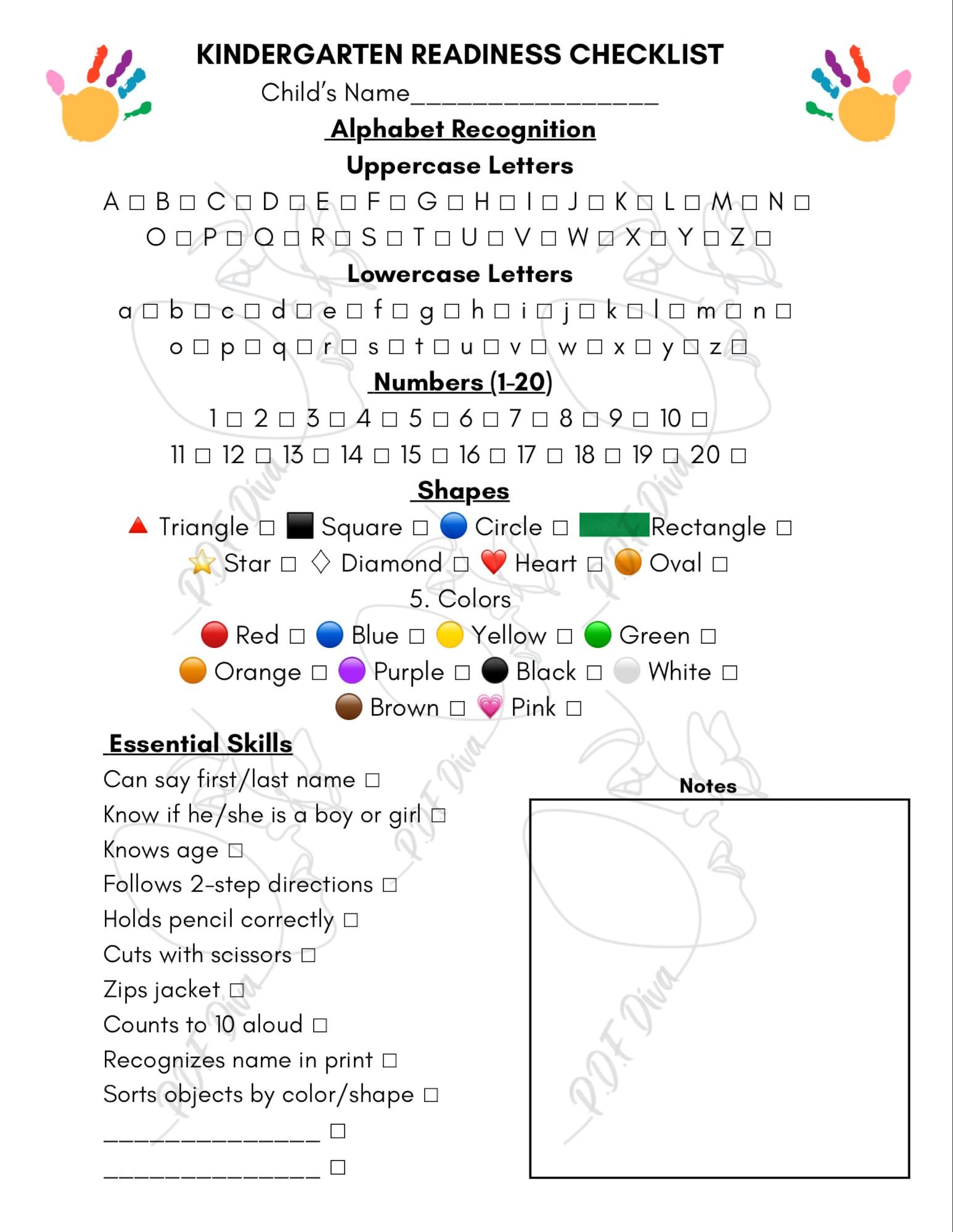 Kindergarten Readiness Skills Checklist, Printable PDF, Early Learning ...
