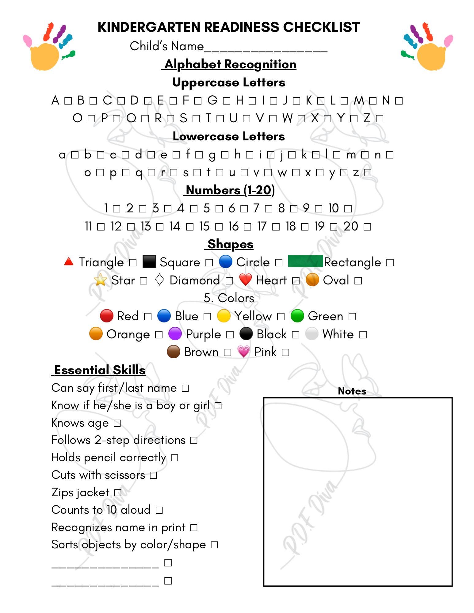Kindergarten Readiness Skills Checklist, Printable PDF, Early Learning ...