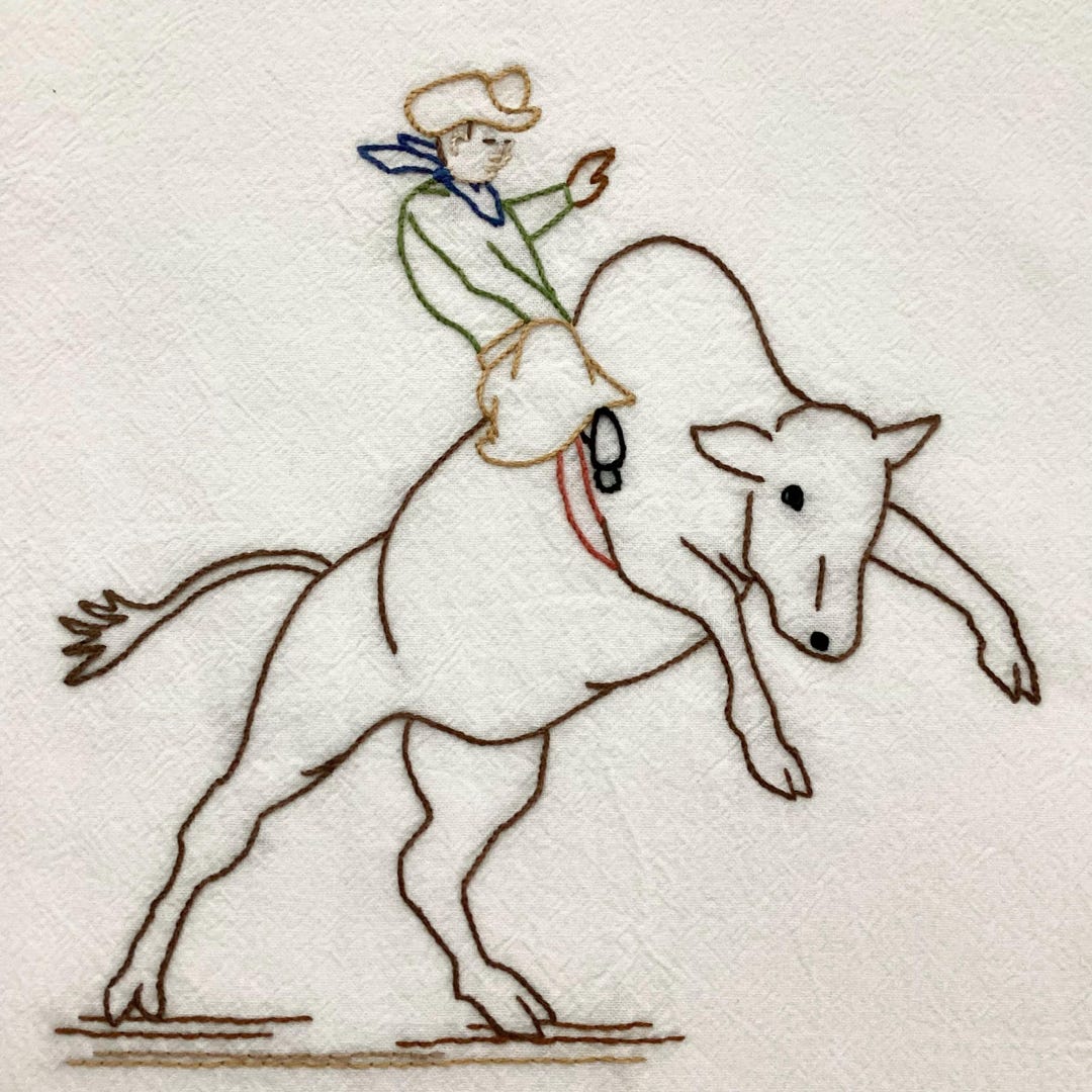Cowboy Rodeo, Hand Embroidered, Flour Sack Dish Tea, Stitched Towel ...