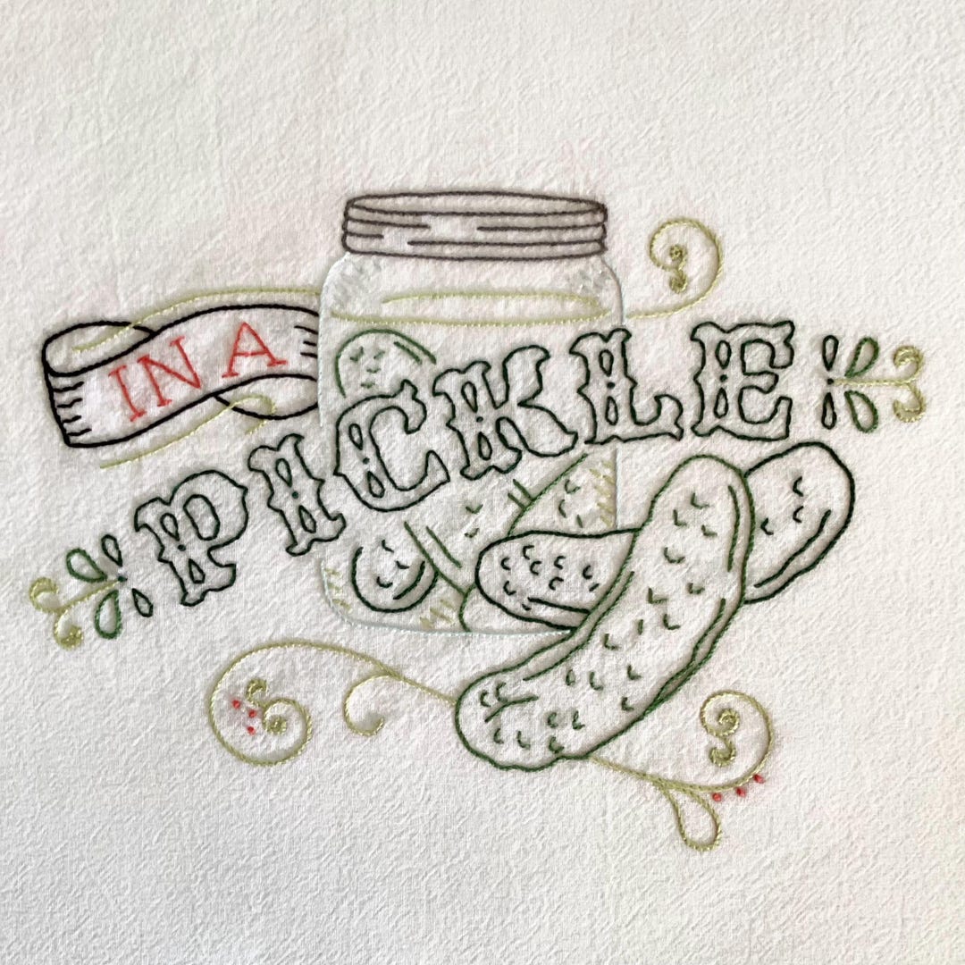 In A Pickle, Hand Embroidered, Flour Sack Dish Tea, Stitched Towel ...