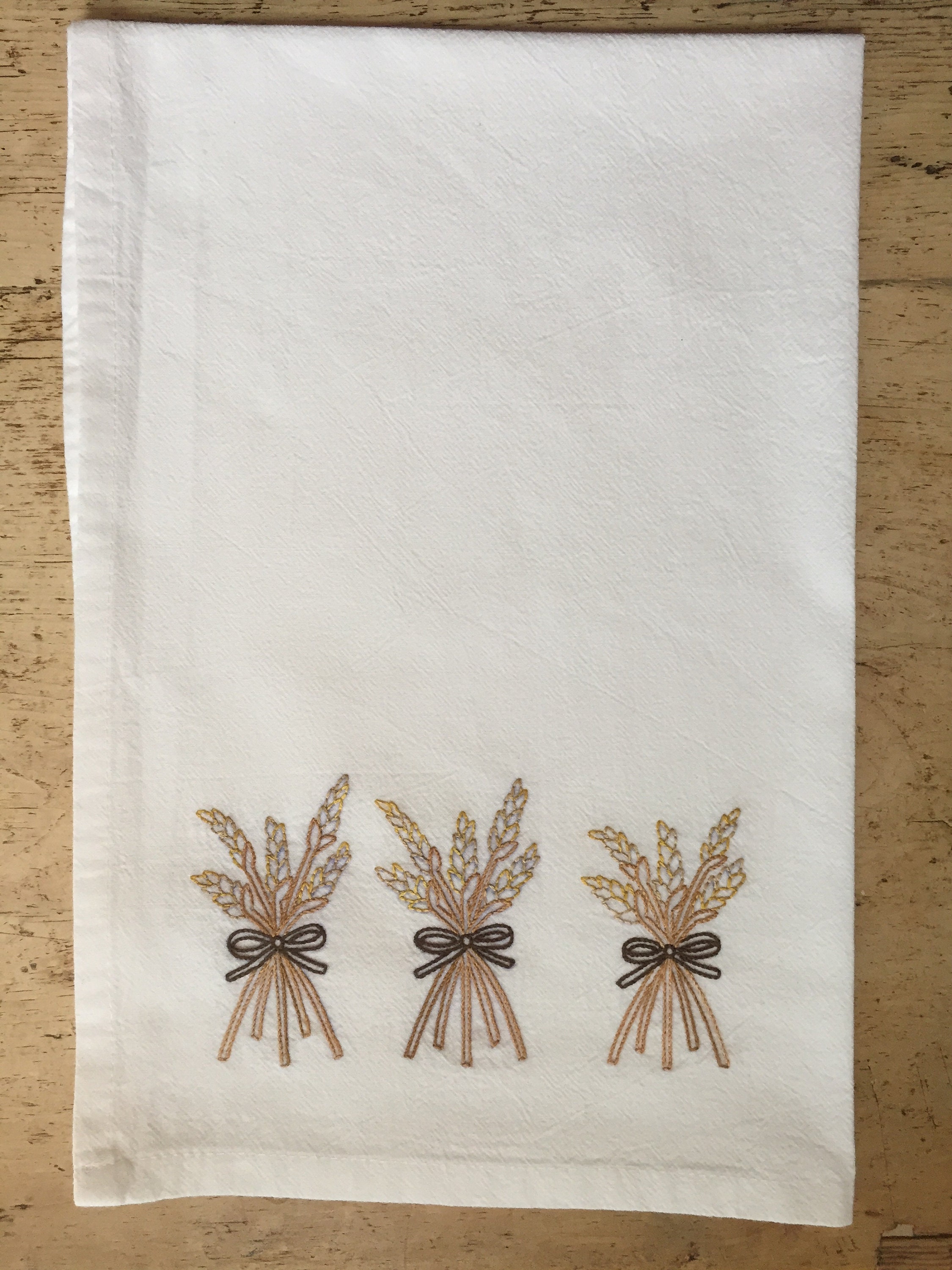 Wheat Sheaves, Hand Embroidered, Tea Flour Sack Dish, Stitched Towel ...