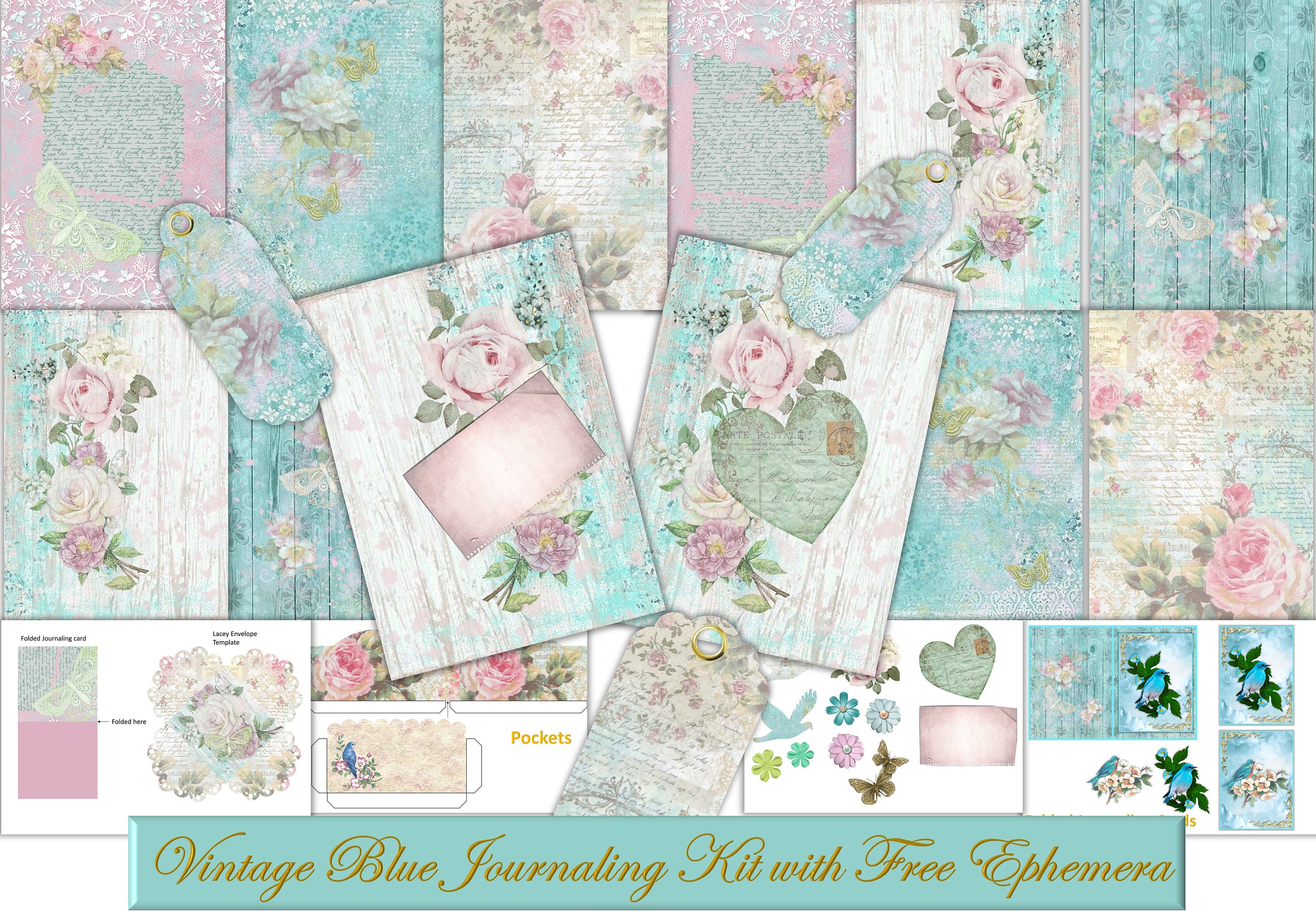 Vintage Blue Printable Journaling Kit with free ephemera and | Etsy