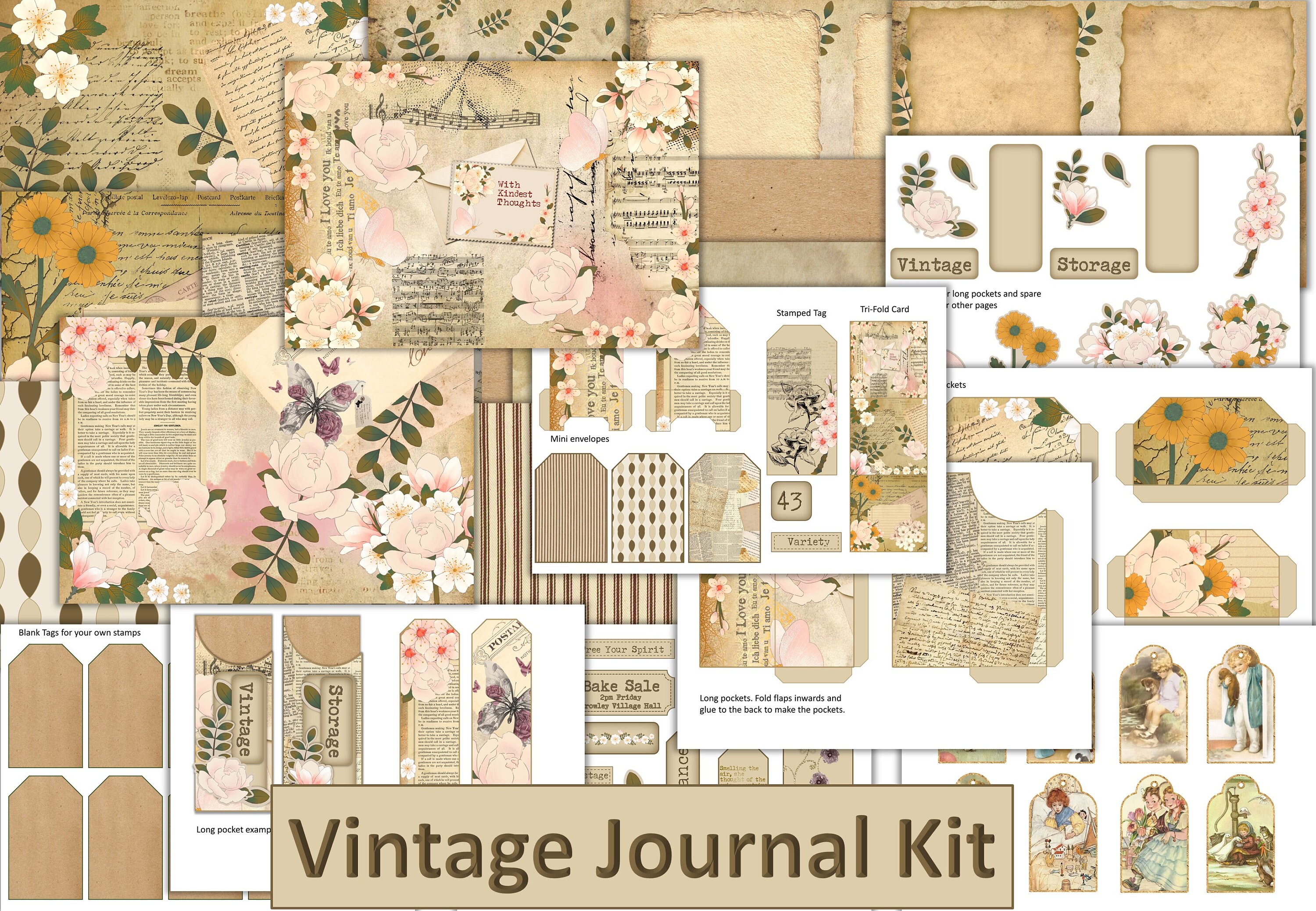 Printable Vintage Journal Kit Backgrounds Ephemera Pockets. - Etsy