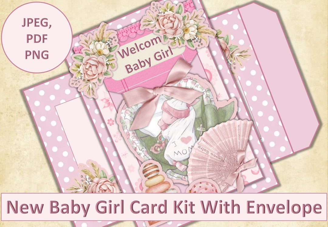 New Baby Girl Card Making Kit. 5 X 7 Card With Decoupage, Inserts and ...