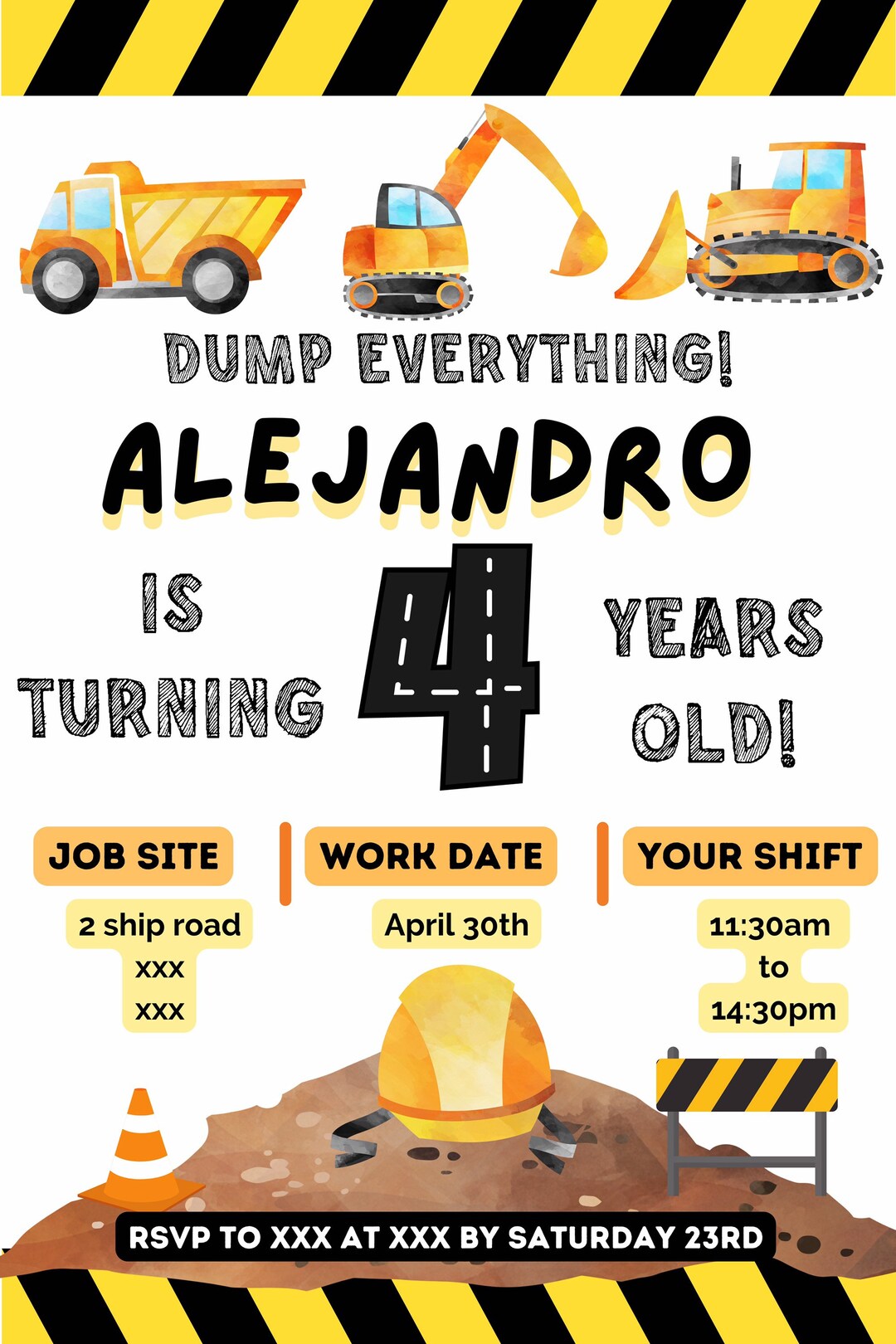 Printable Construction Invite | Digger Birthday Party Invitation ...