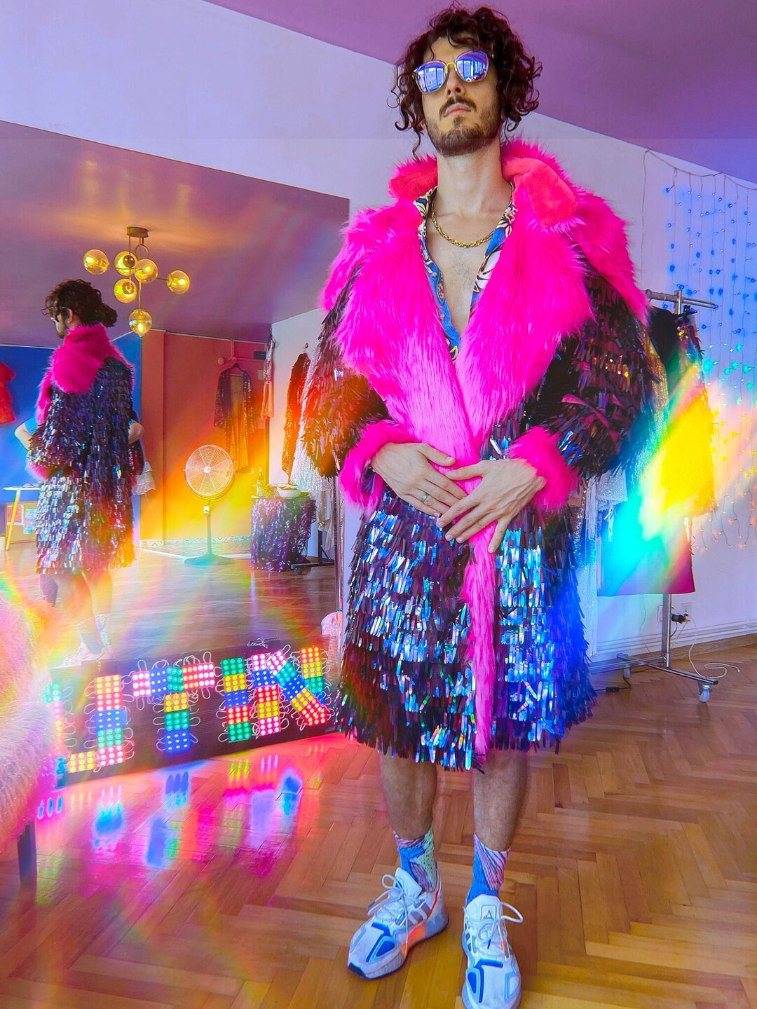 Festival Jacket, Sequin Fur Coat, Faux Fur Coat, Neon Fur Jacket ...
