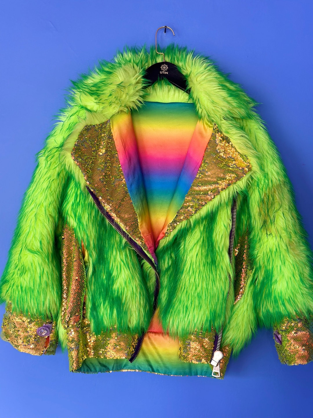 Burningman Fur, Sequin Fur Coat, Faux Fur Coat, Neon Fur Jacket, Burner ...