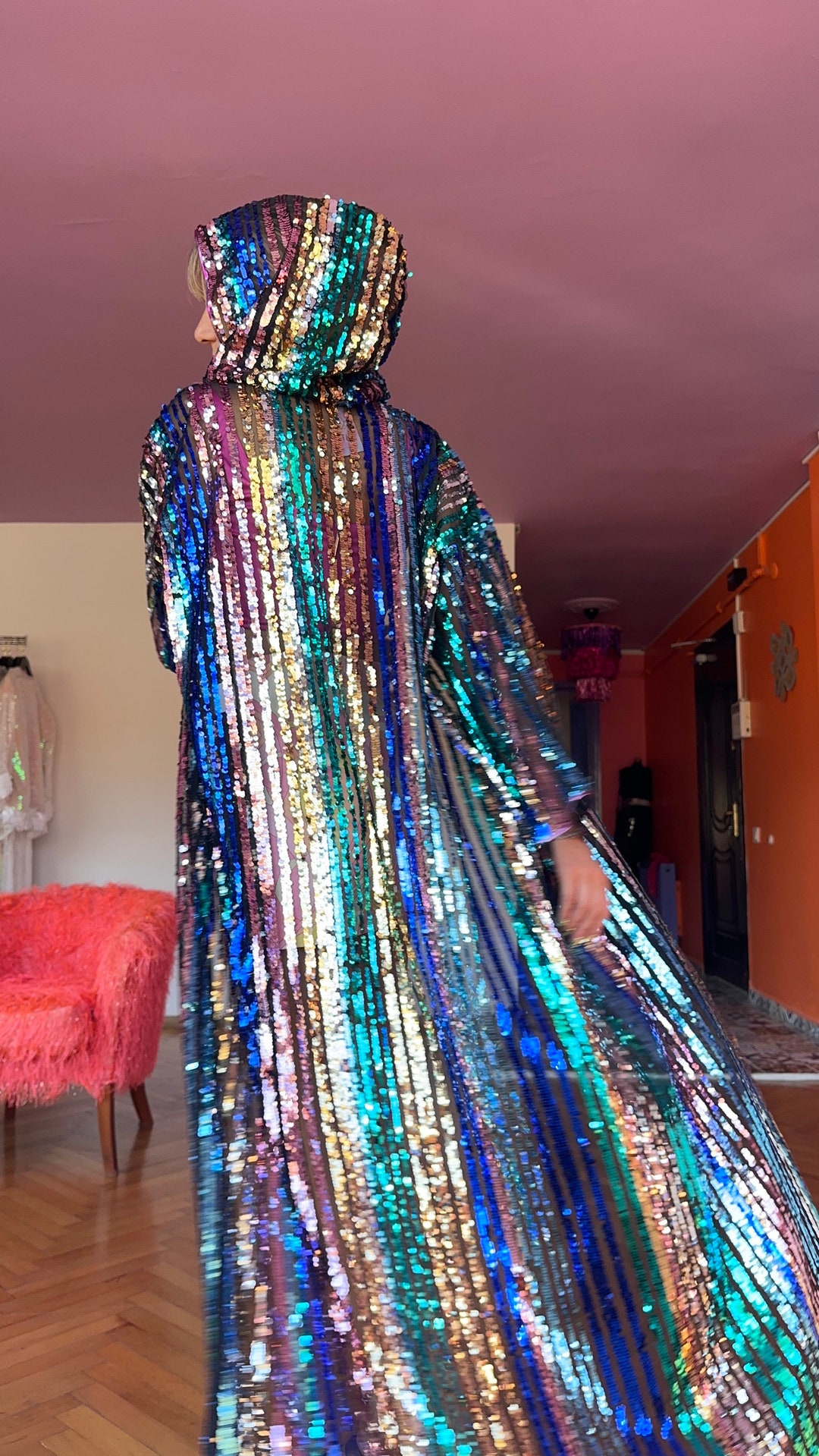 Blue Sequin Robe Burningman Men Women Stripe Cape Rave Kimono - Etsy