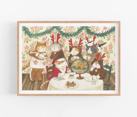 Christmas Party Cat Artwork Printable Artwork Illustration | Etsy