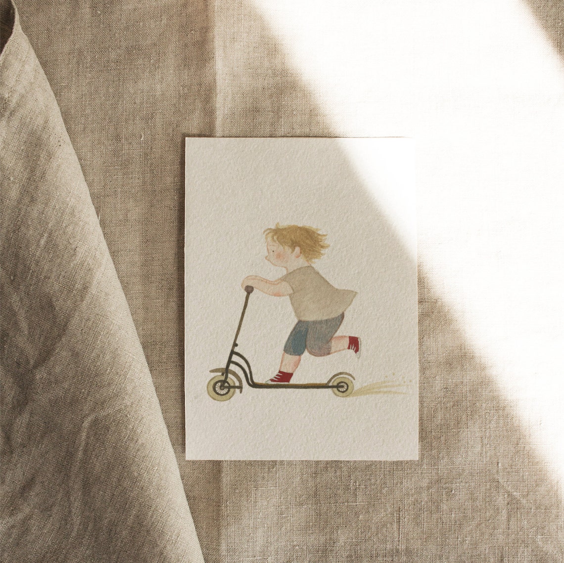 Boy Riding Scooter, Printable Watercolor Artwork, Kids Room Decor ...